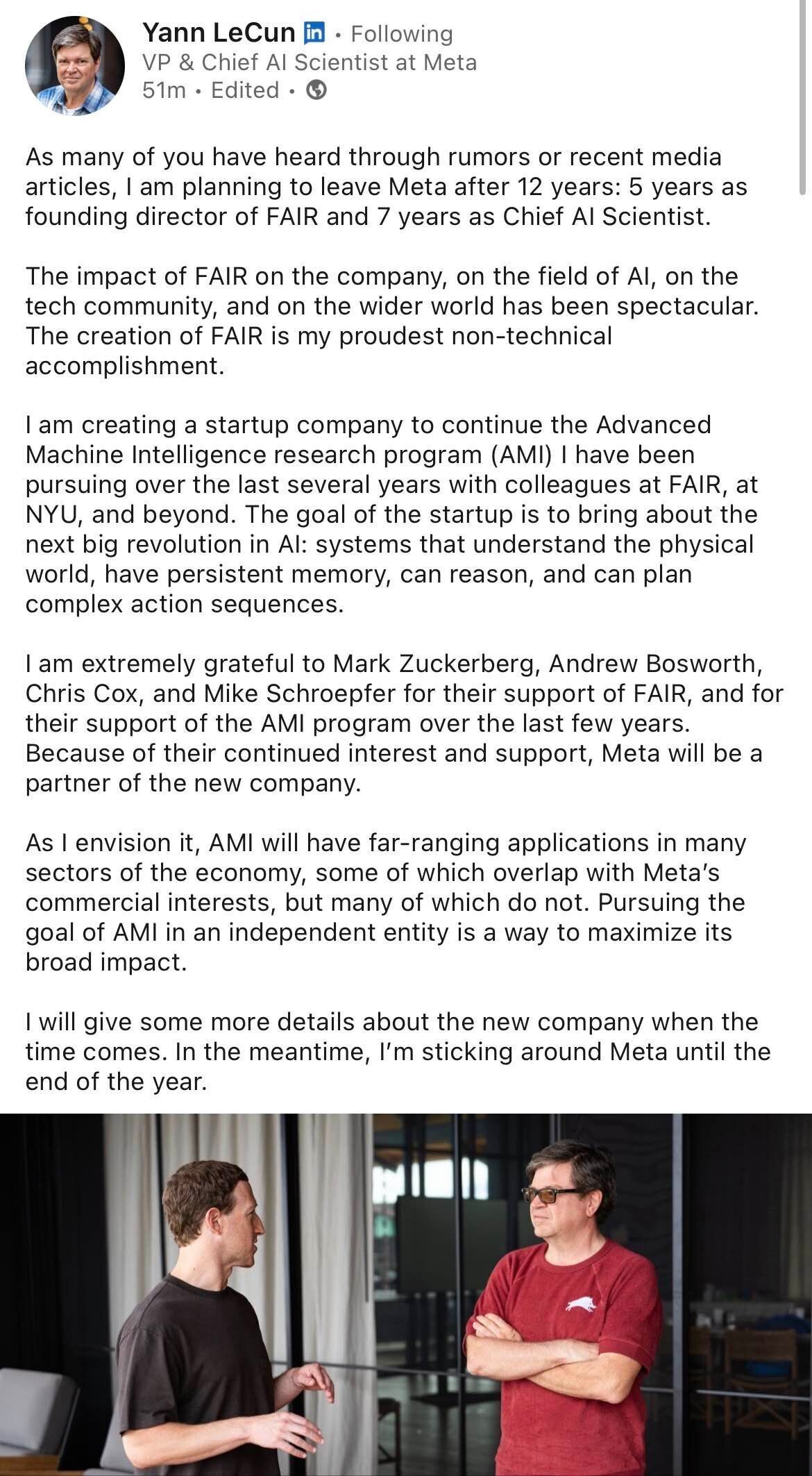 Yann LeCun starts his own AI startup post leaving Meta | Tech Industry - Blind