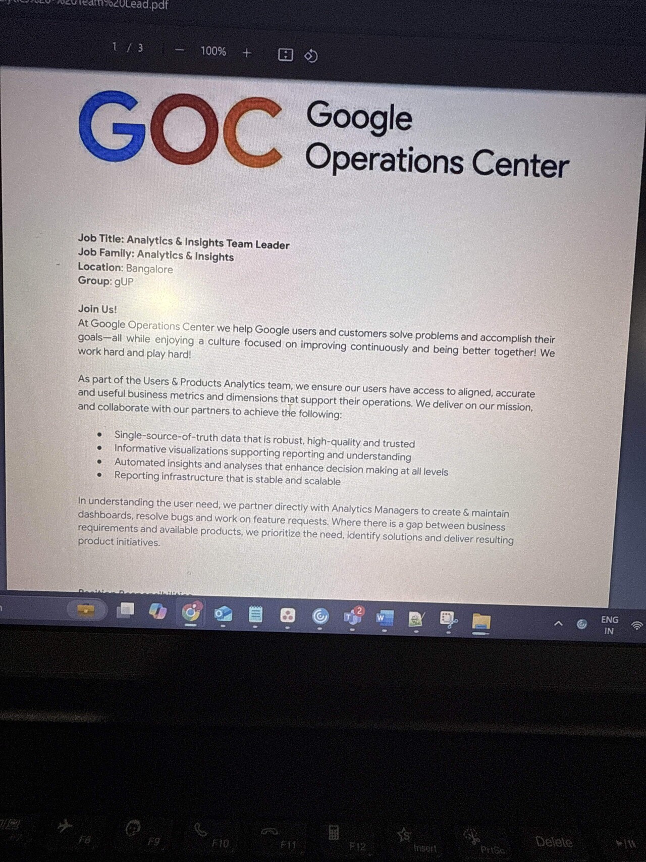 Google operations center Analytics and insights team leader | Data ...