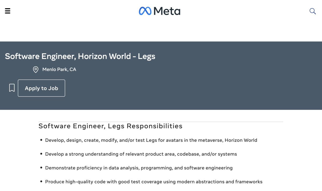 Meta hiring for Software Engineer, Horizon World - Legs | Software ...
