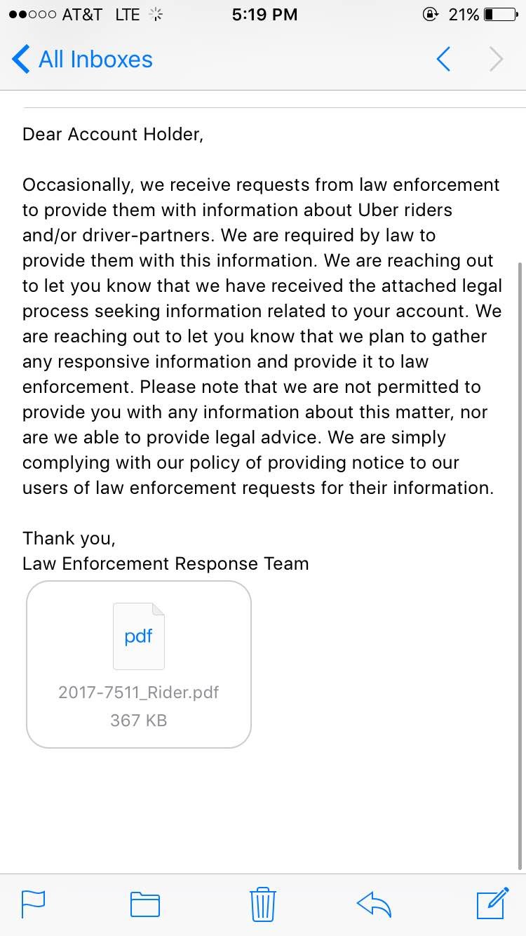Email from uber about search warrant? | Misc. - Blind