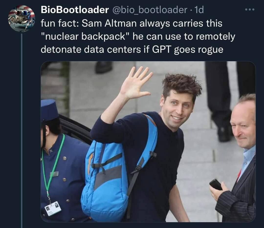 Does anyone know what happened to Scam Altman's blue backpack? | Tech ...