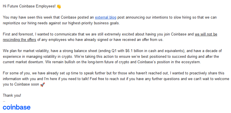 Coinbase sent "future Coinbase employees" an email 2 weeks ago saying ...