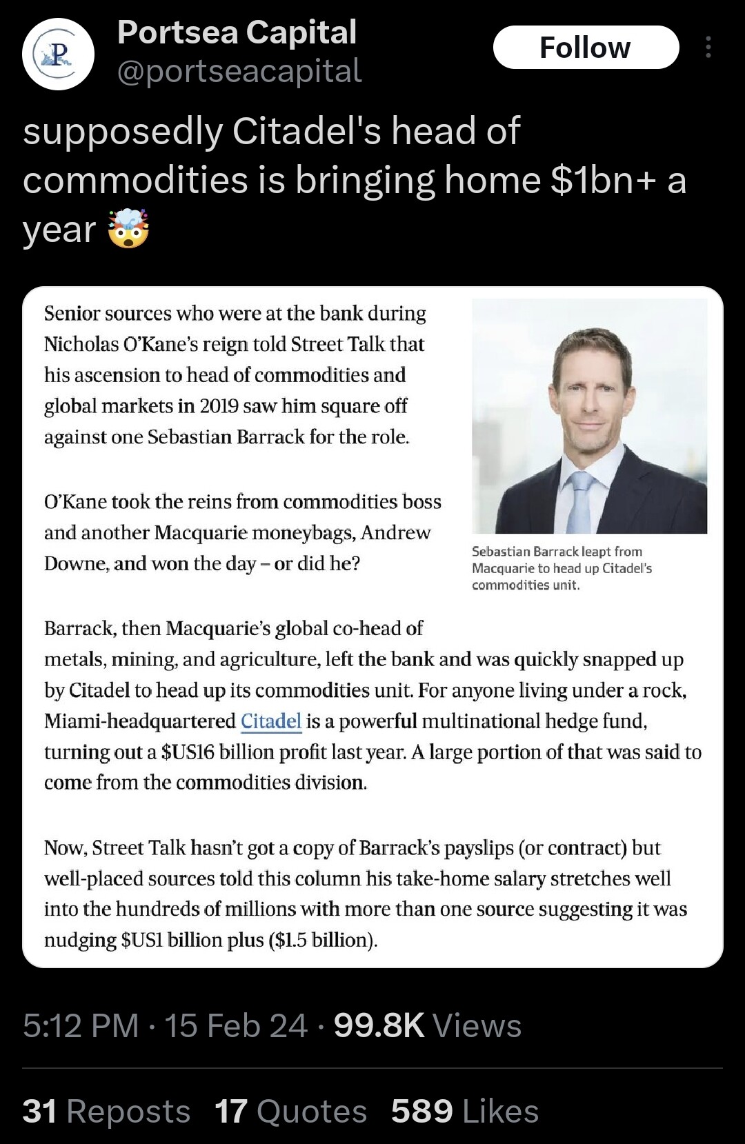 Citadel's Head of Commodity allegedly has a $1B take-home salary | Tech Industry - Blind