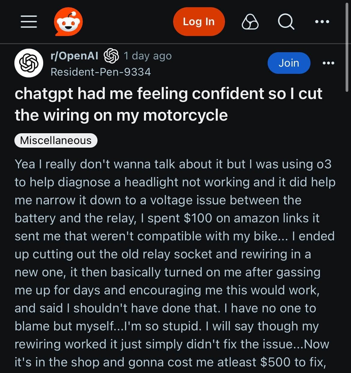 This guy broke his motorcycle using ChatGPT 😂 | Tech Industry - Blind