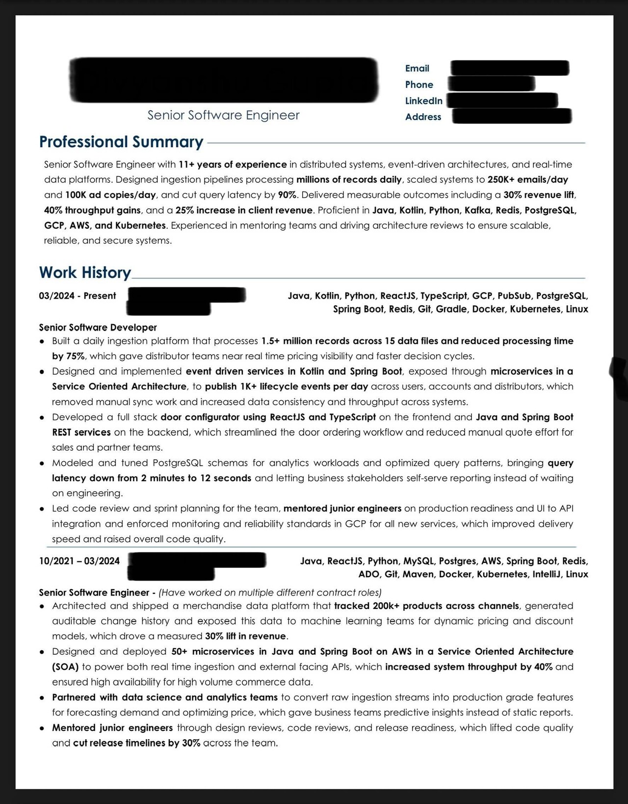 Resume Review - Sr. SWE - 11 YOE | Resume Review - Blind