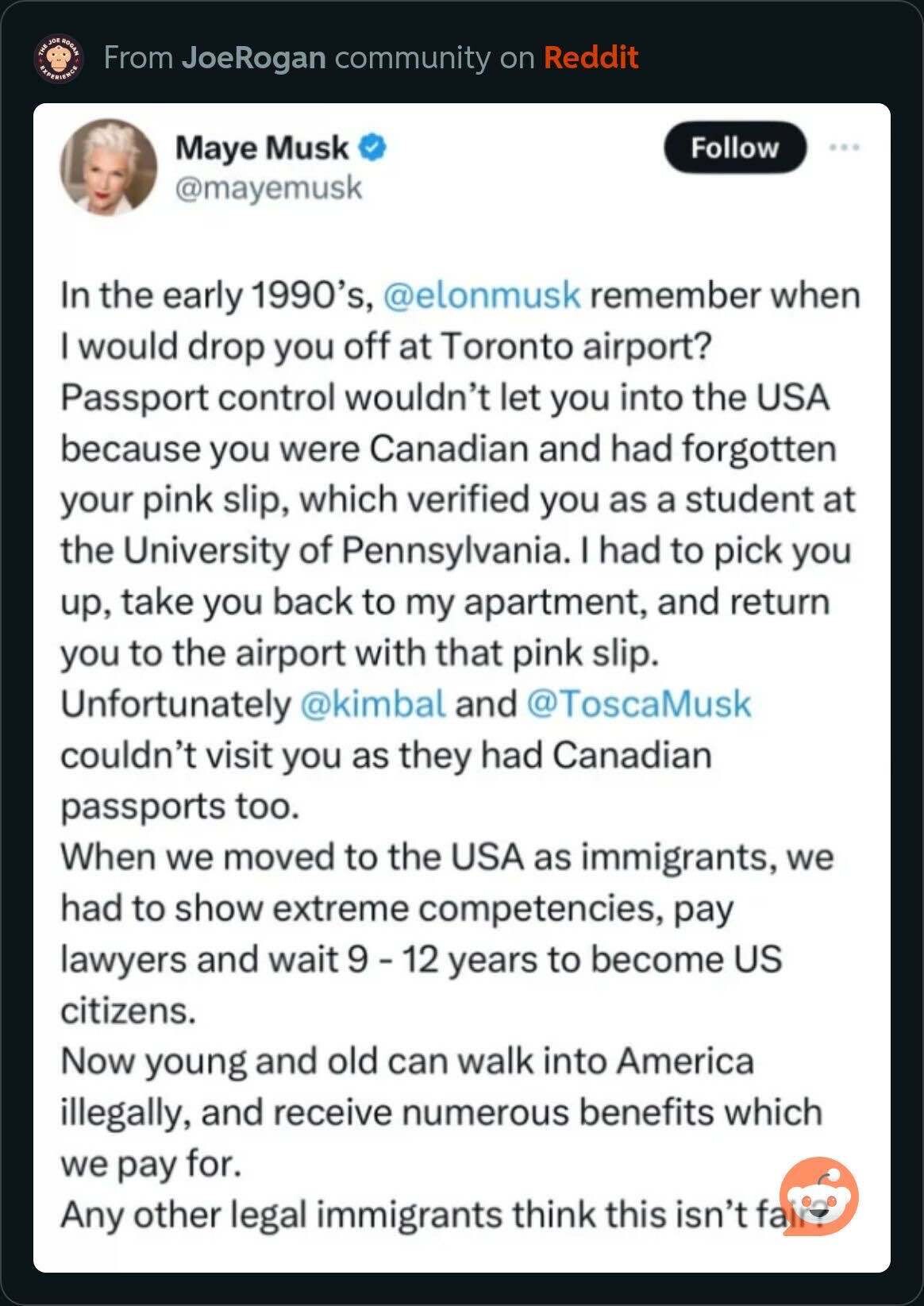 Mama Musk weighs in | Work Visa - Blind