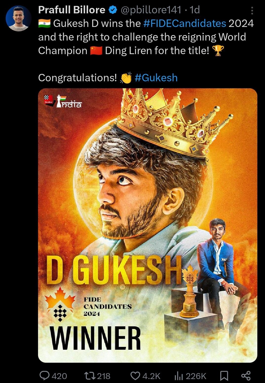 17 yo Gukesh won the candidates and will challenge Ding for the ...