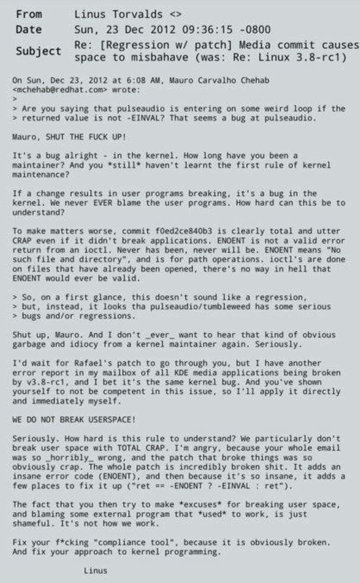 This Linus email is 🌶️ but I wish we were so candid in software ...