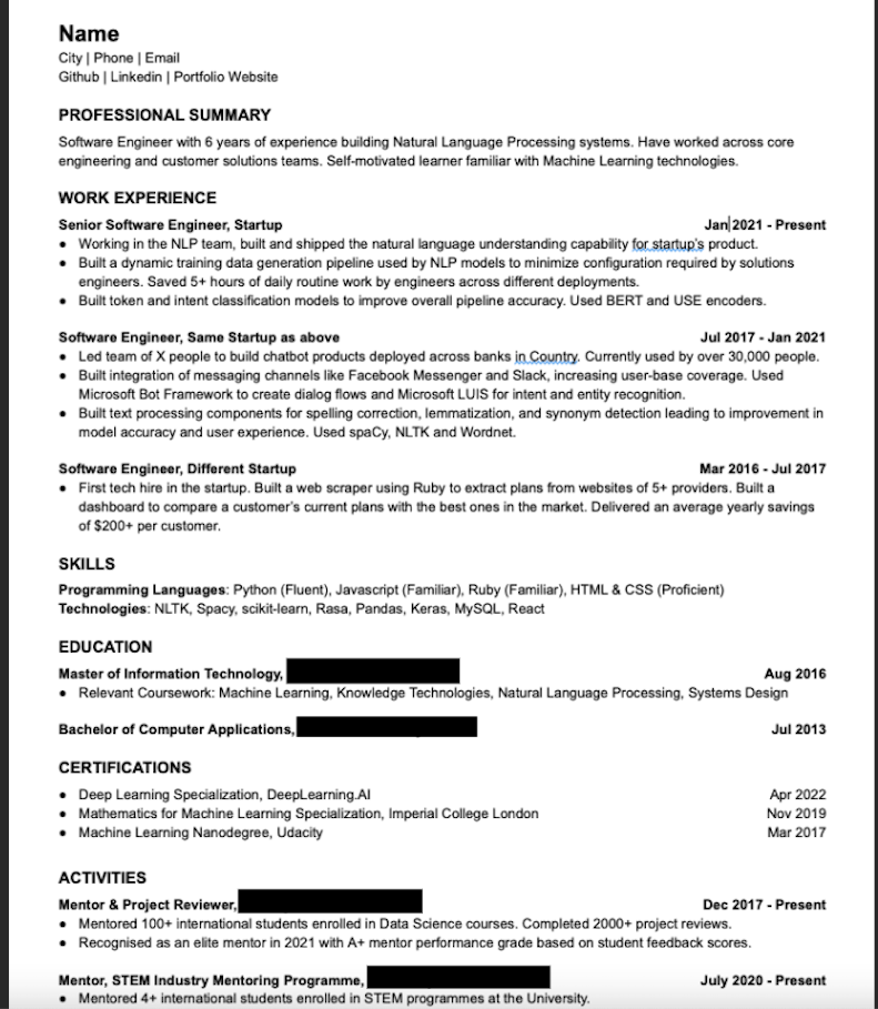 Resume Review for ML/NLP Engineer roles (5+ YOE) - Blind