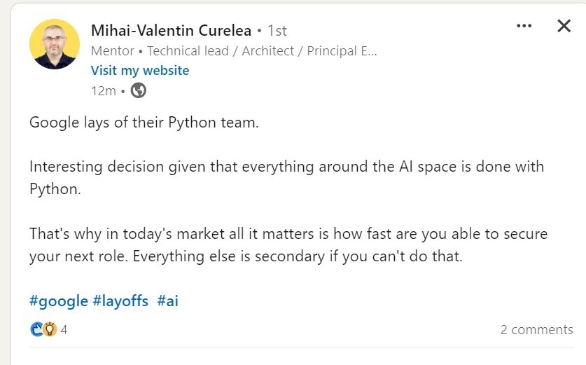 Google lays off Futter and python, is it true? | Tech Industry - Blind